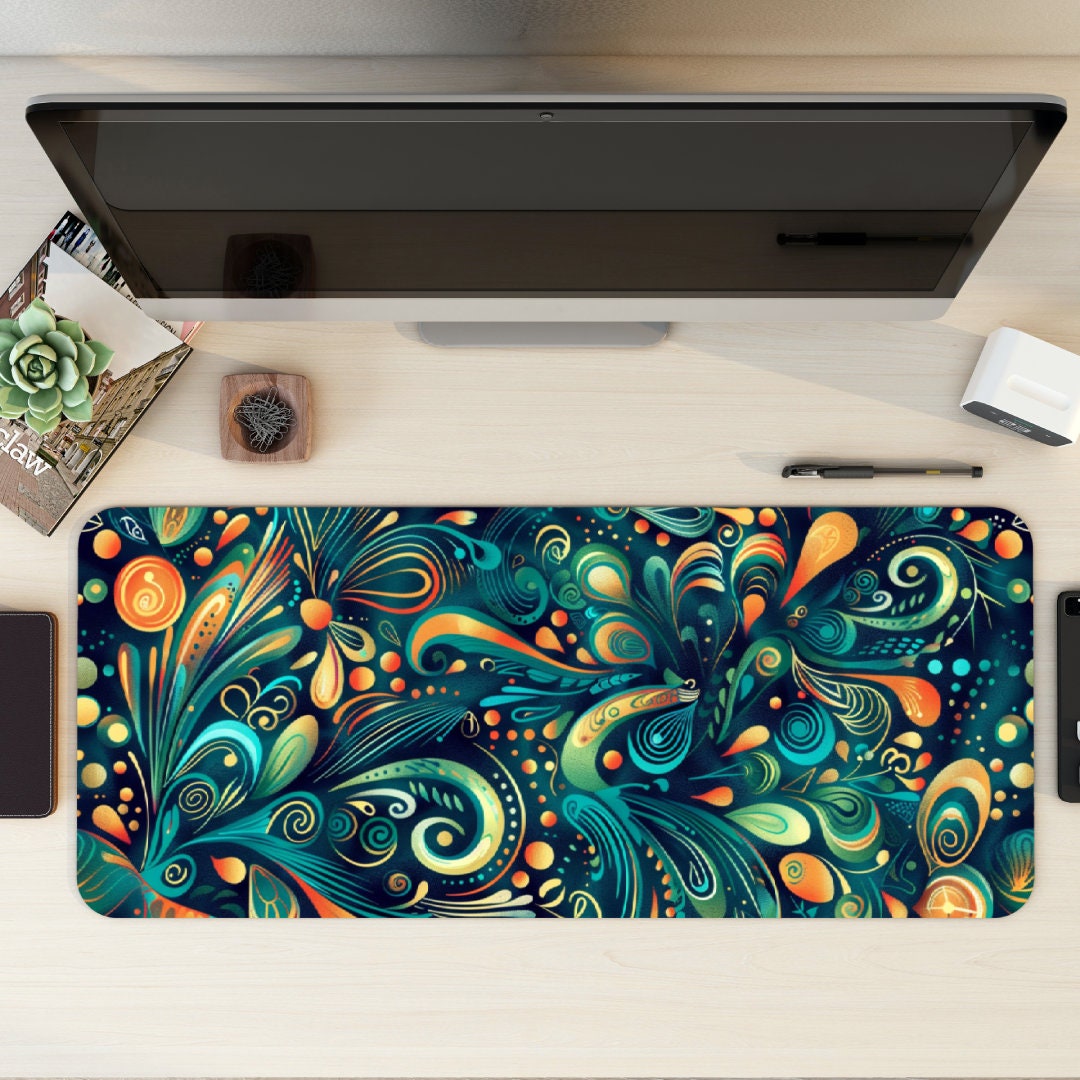 Teal and Orange Psychedelic Desk Mat, Abstract Psychedelic Mouse Pad ...