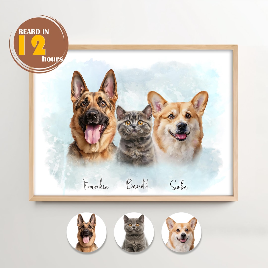 Custom Multiple Pet Portrait for Pet Lovers Watercolor Dog Portrait ...