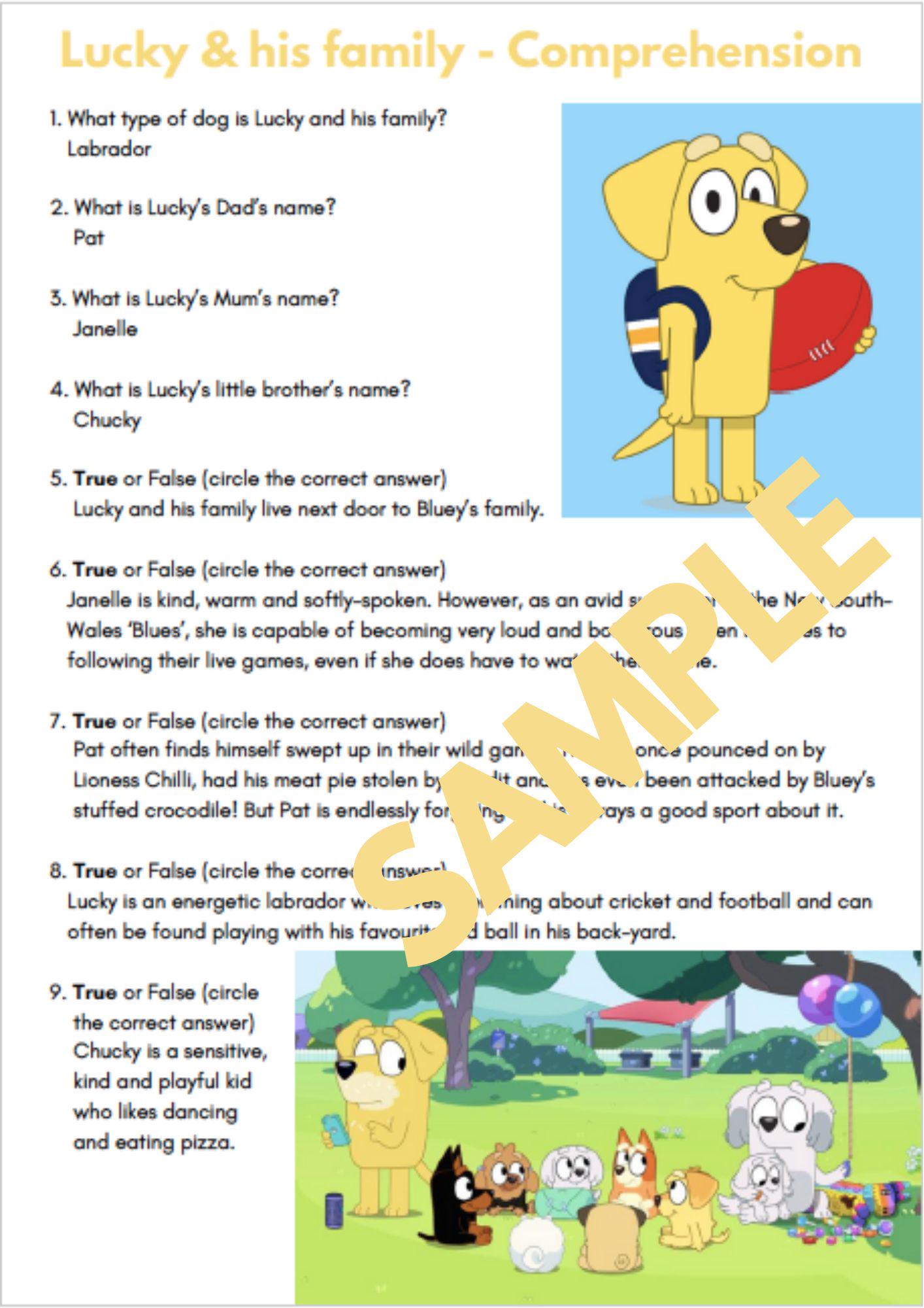 BLUEY Characters Bluey's NEIGHBORS & FRIENDS Worksheets, Comprehension ...