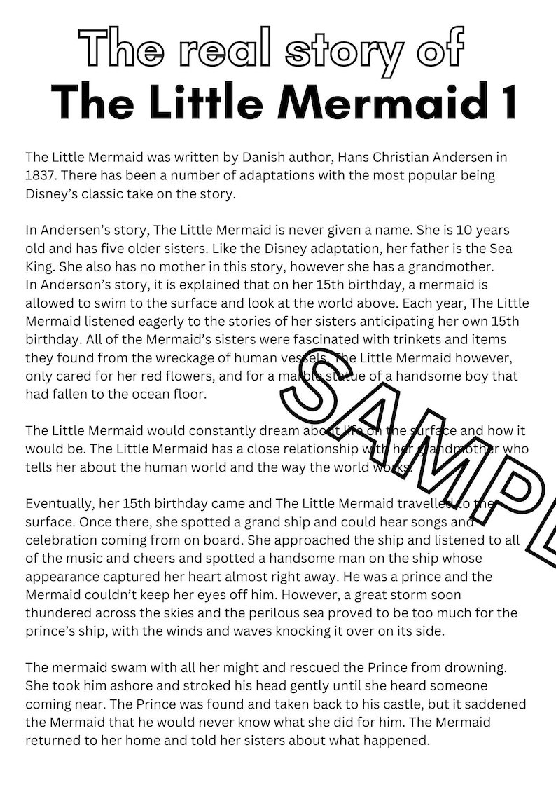 The Real Story of the Little Mermaid, Comprehension & Printable ...