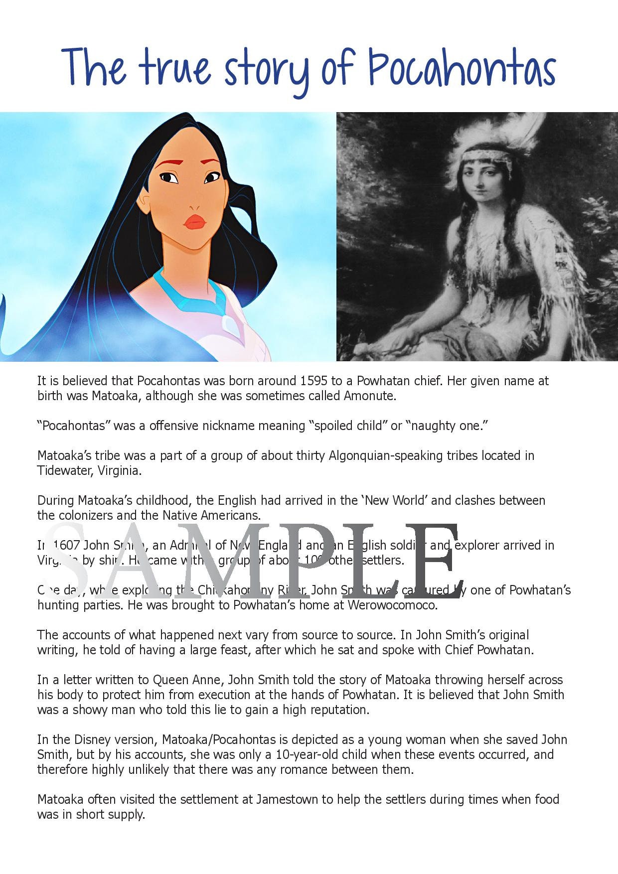 True Story of Pocahontas, Comprehension and Printable Worksheets and ...