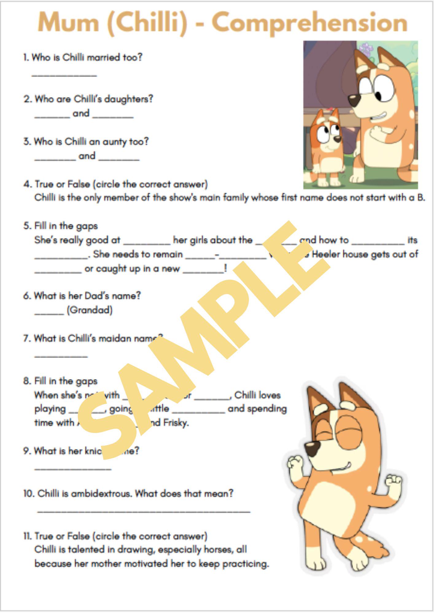 BLUEY CHARACTERS Bluey's FAMILY, Activity Worksheets, Comprehension, 56 ...