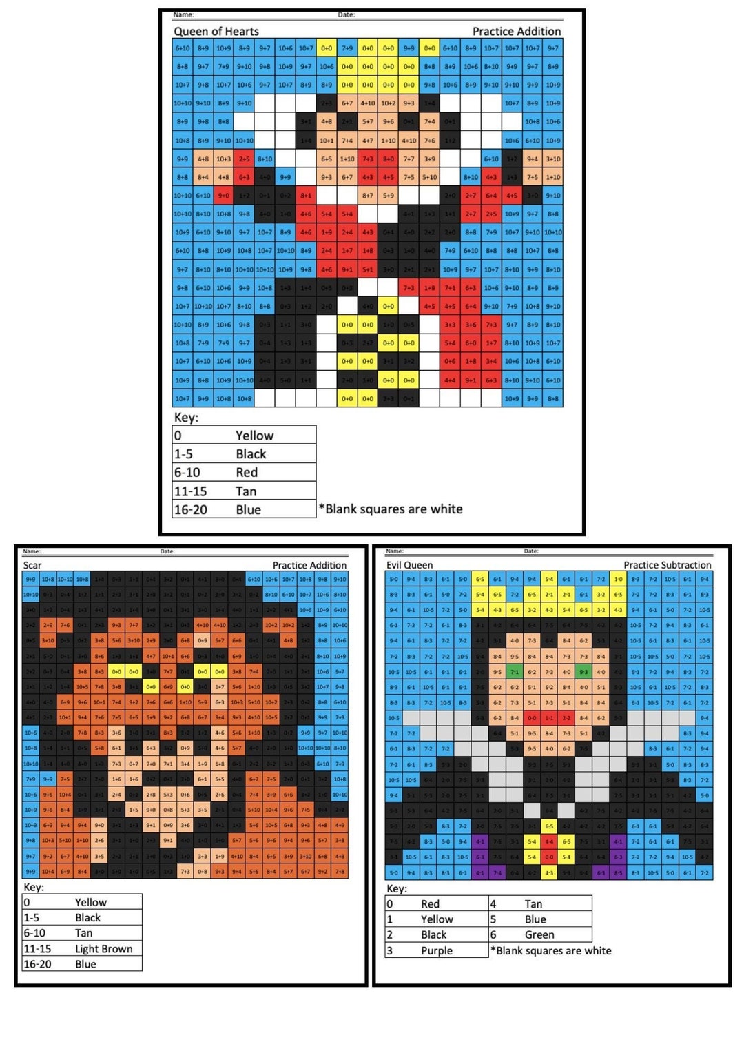DISNEY VILLAINS Color in Using Addition & Subtraction as Clues, 21 ...