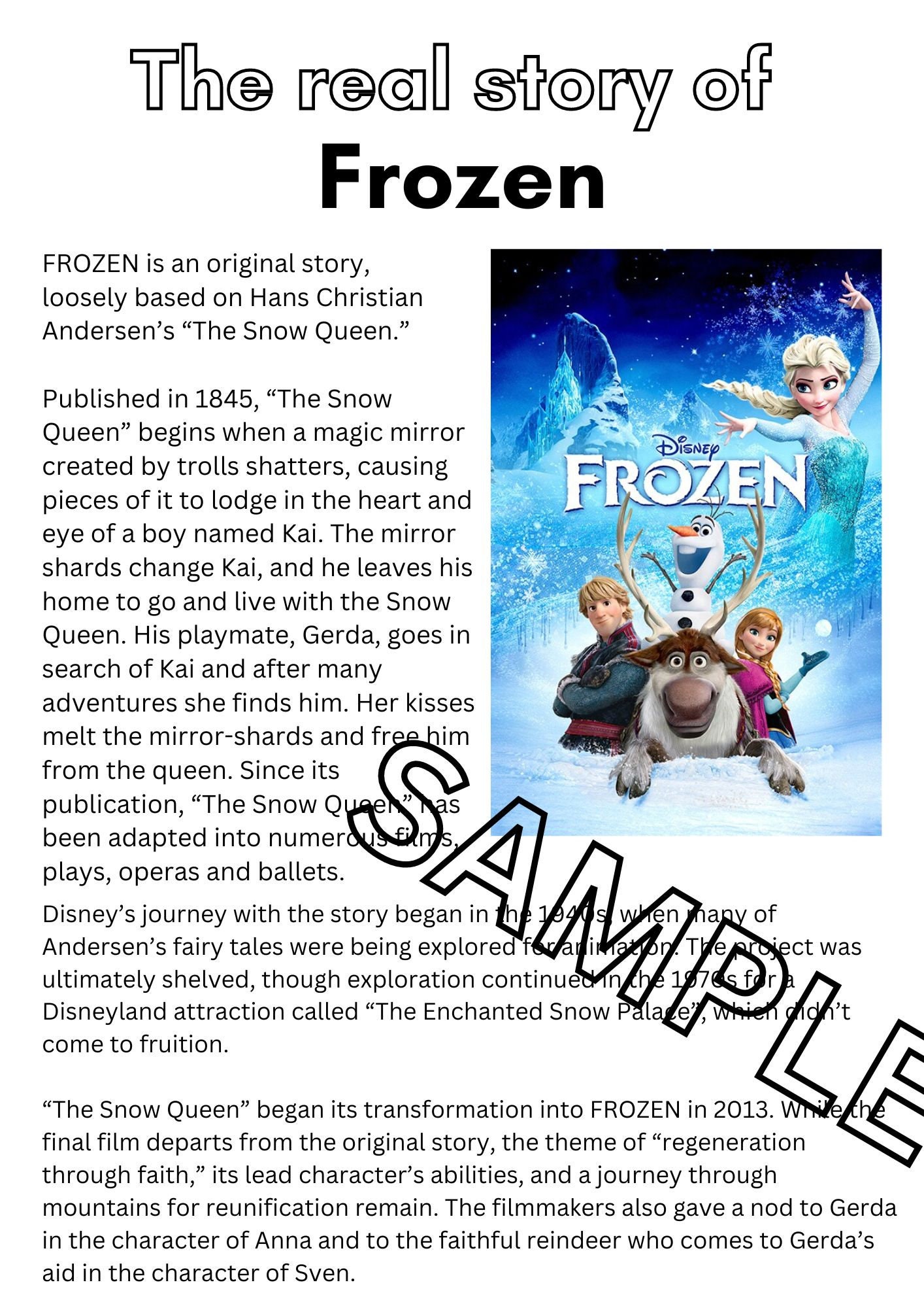 The True Story of Frozen, Comprehension & Printable Worksheets Answers ...