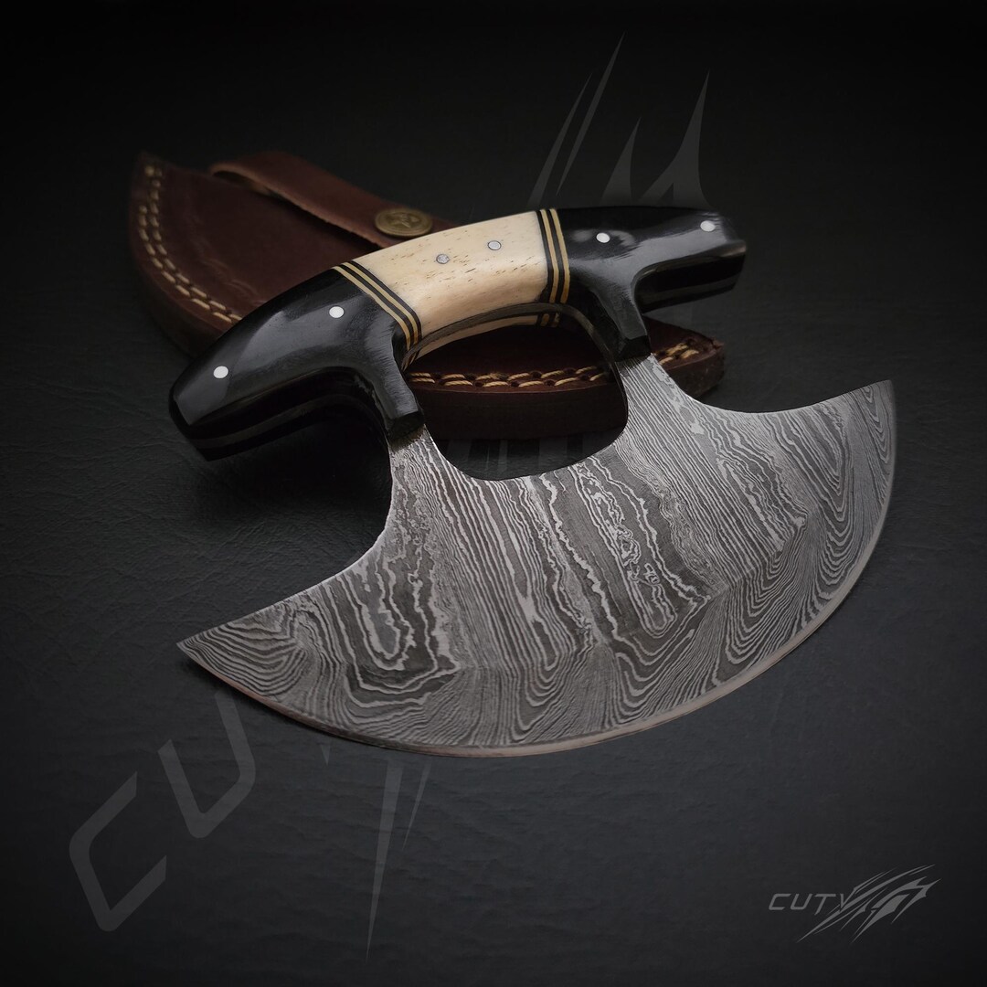Handmade Personalized Damascus Ulu Knife | Full Tang With Leather ...
