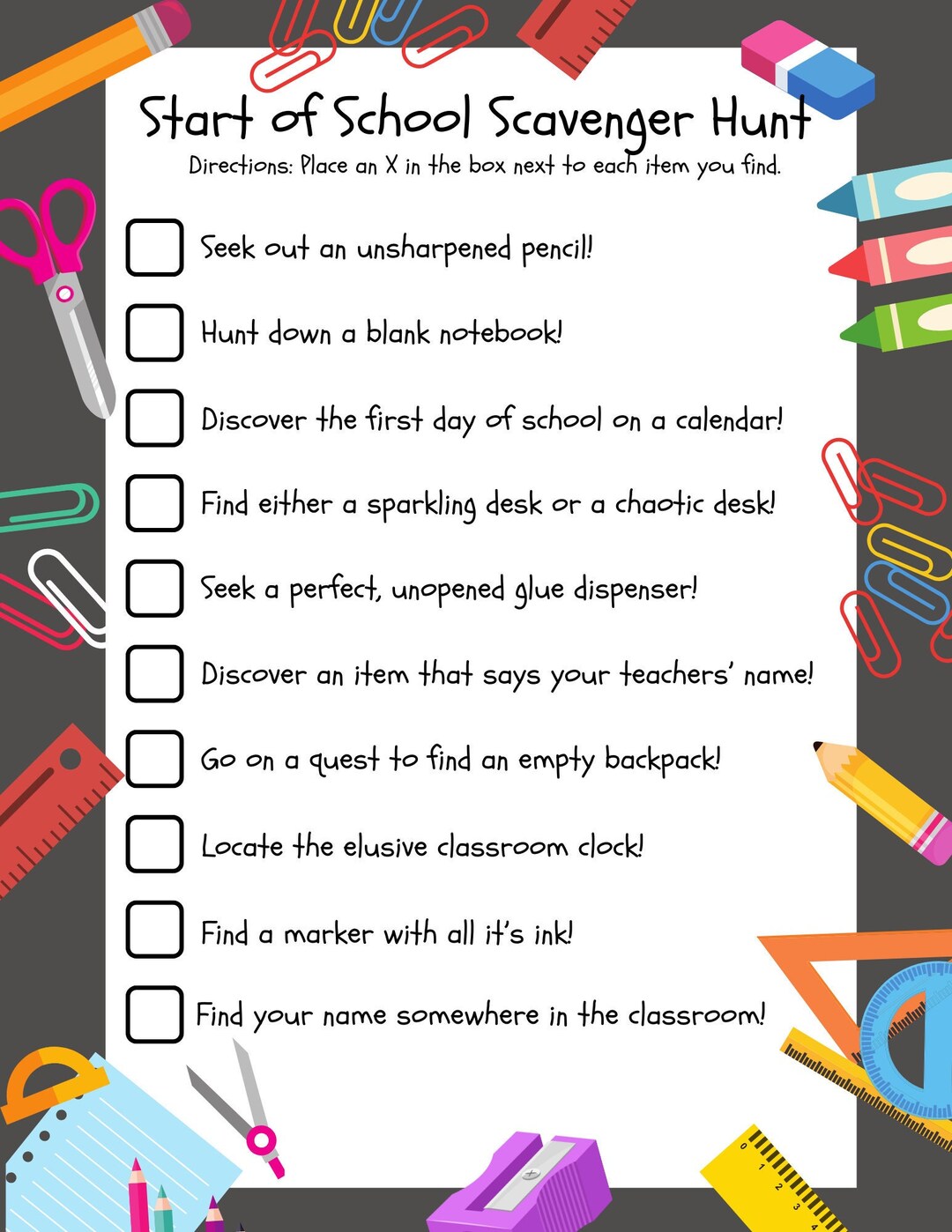 Start of the School Year Scavenger Hunt Classroom Items and Classmates ...