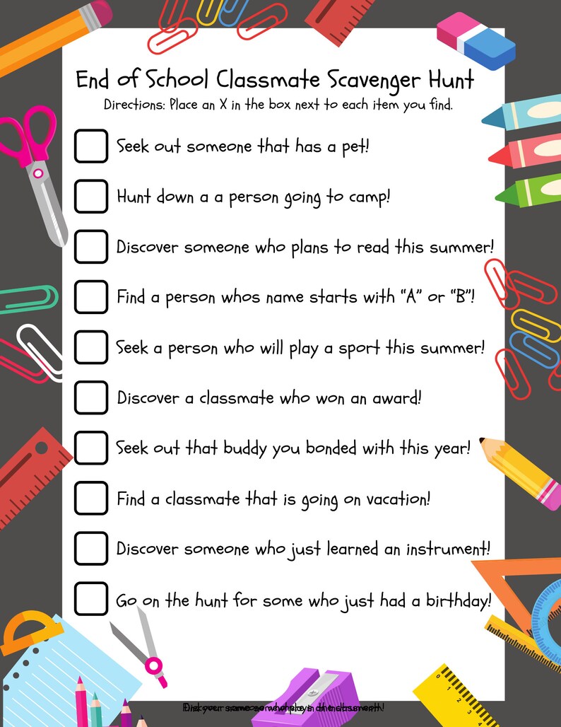 End of School Year Scavenger Hunt: Classroom Items and Classmates ...