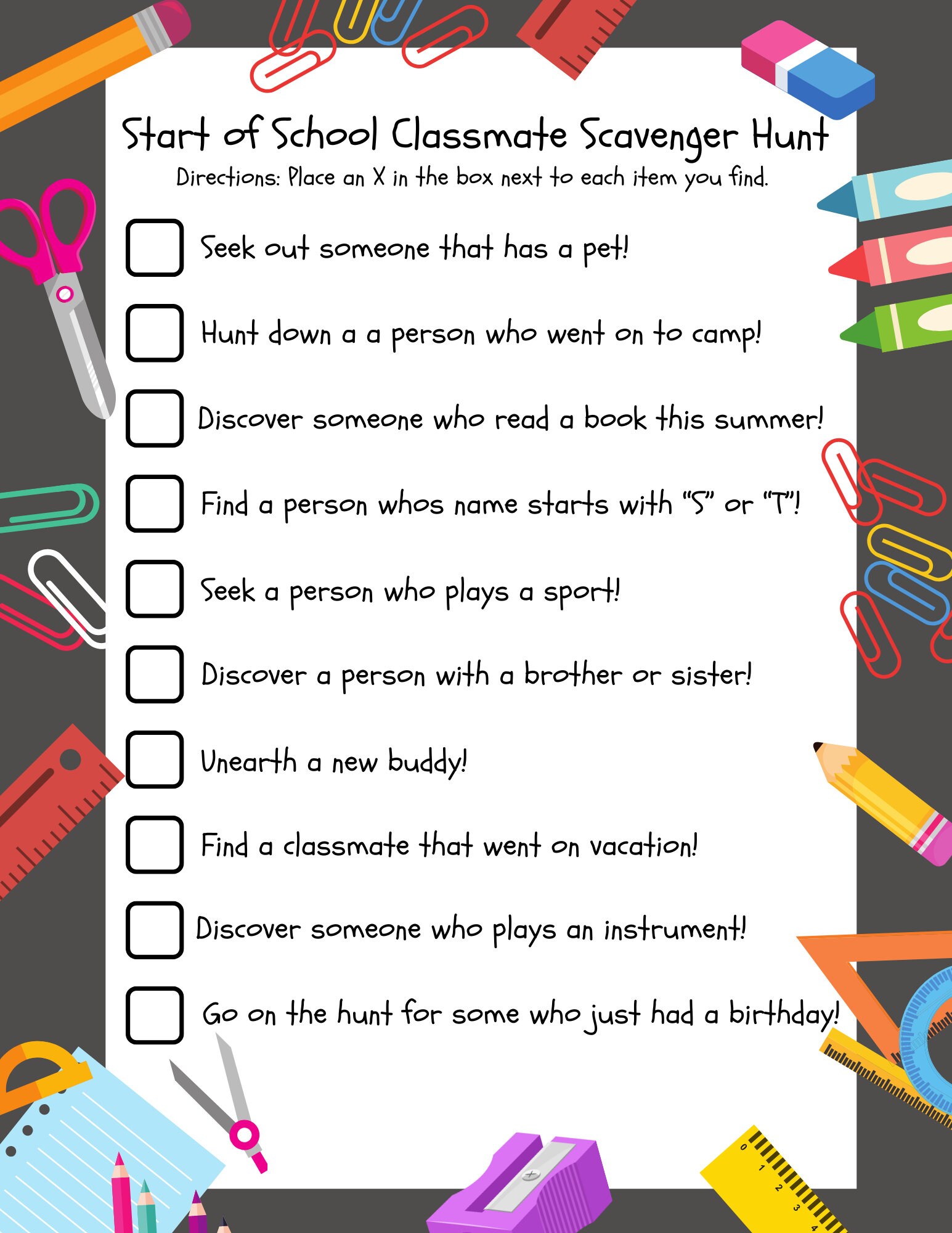 Start of the School Year Scavenger Hunt Classroom Items and Classmates ...