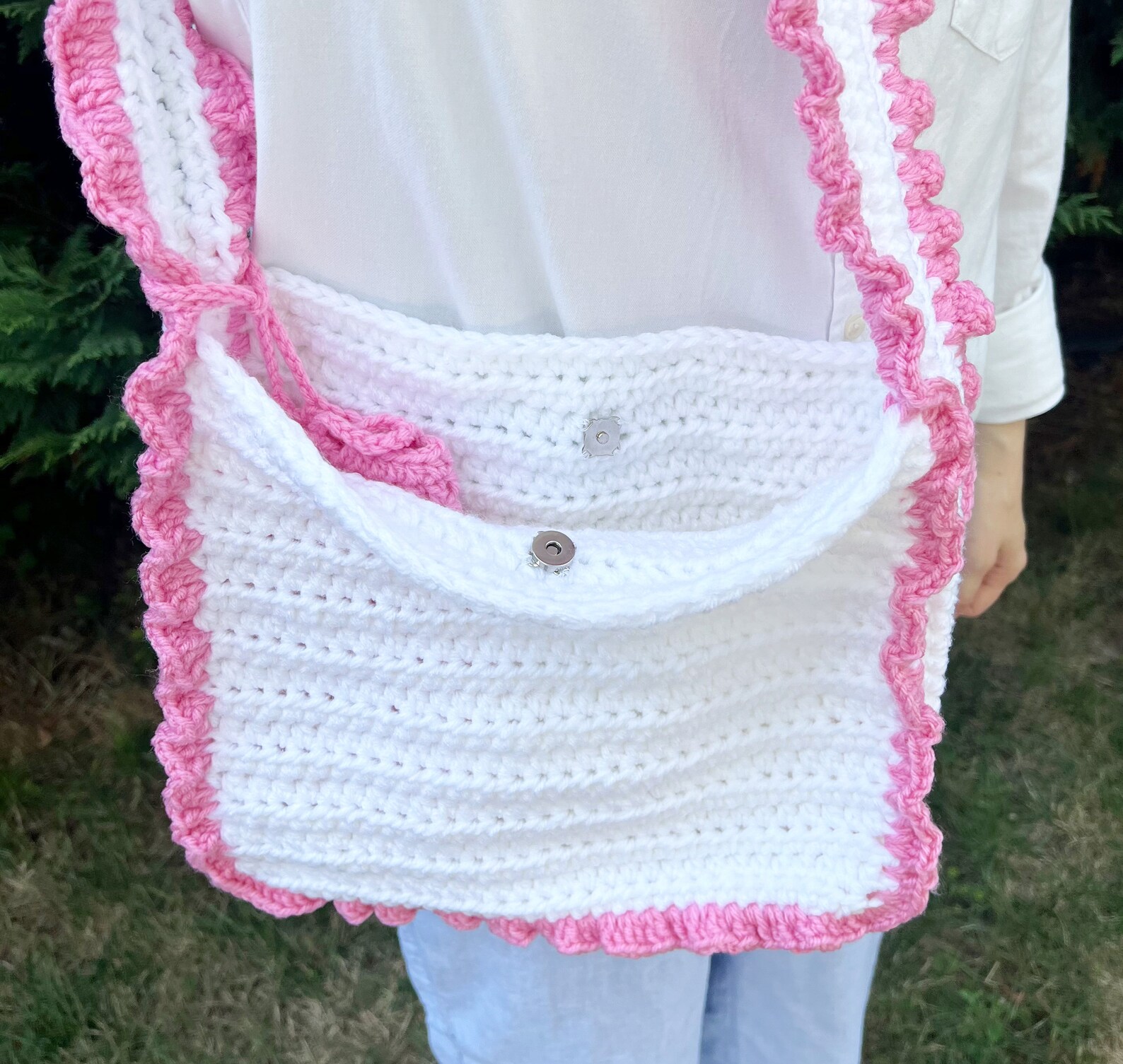 Pink Crochet Ruffle Tote Bag- Crochet Ruffle Bag, Shoulder Crochet ...