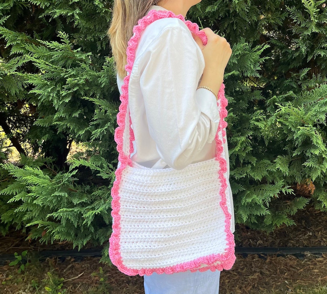 Pink Crochet Ruffle Tote Bag- Crochet Ruffle Bag, Shoulder Crochet ...