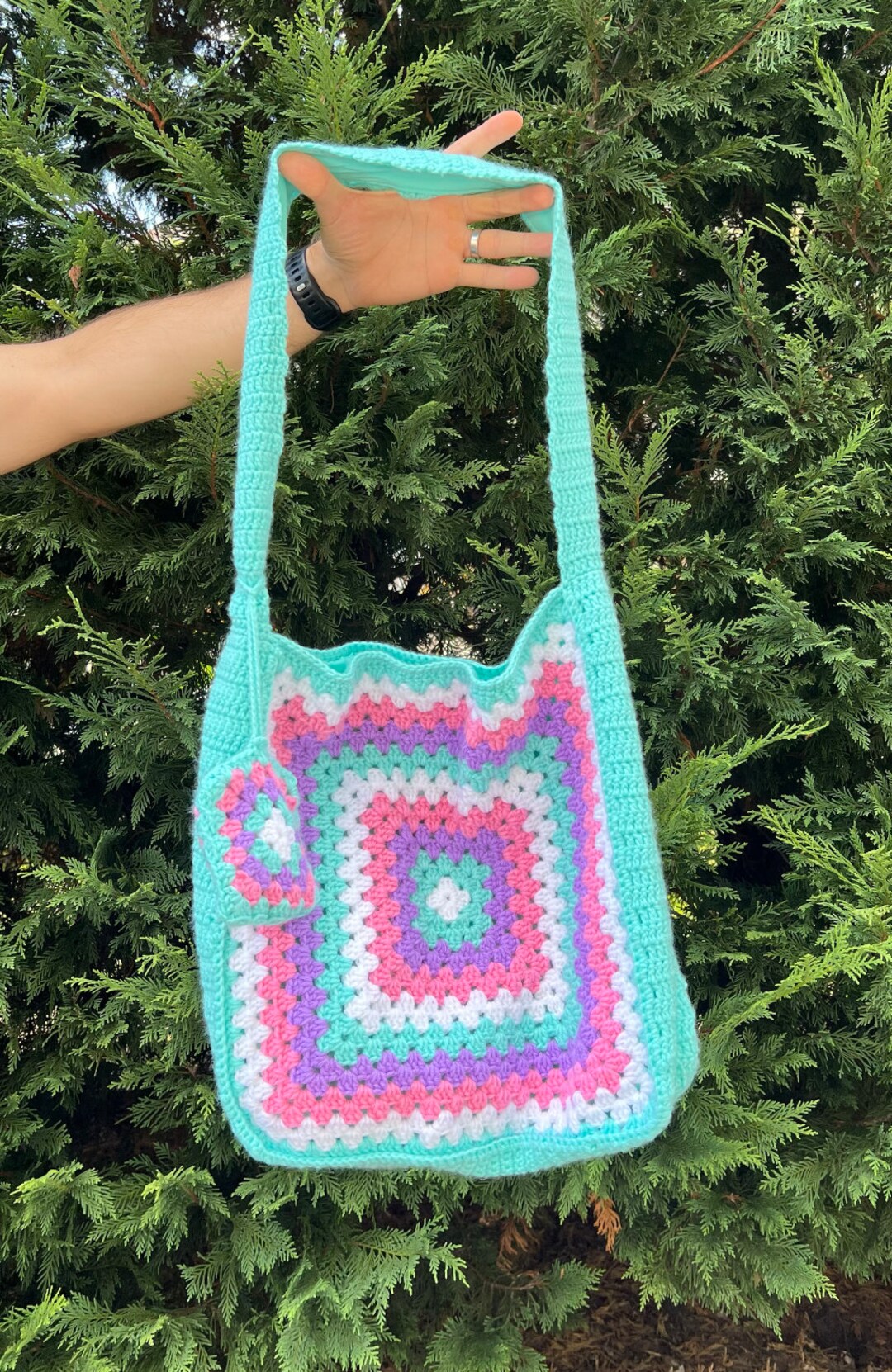 Aqua Crochet Granny Square Tote Bag- Granny Square Bag, Crossbody ...