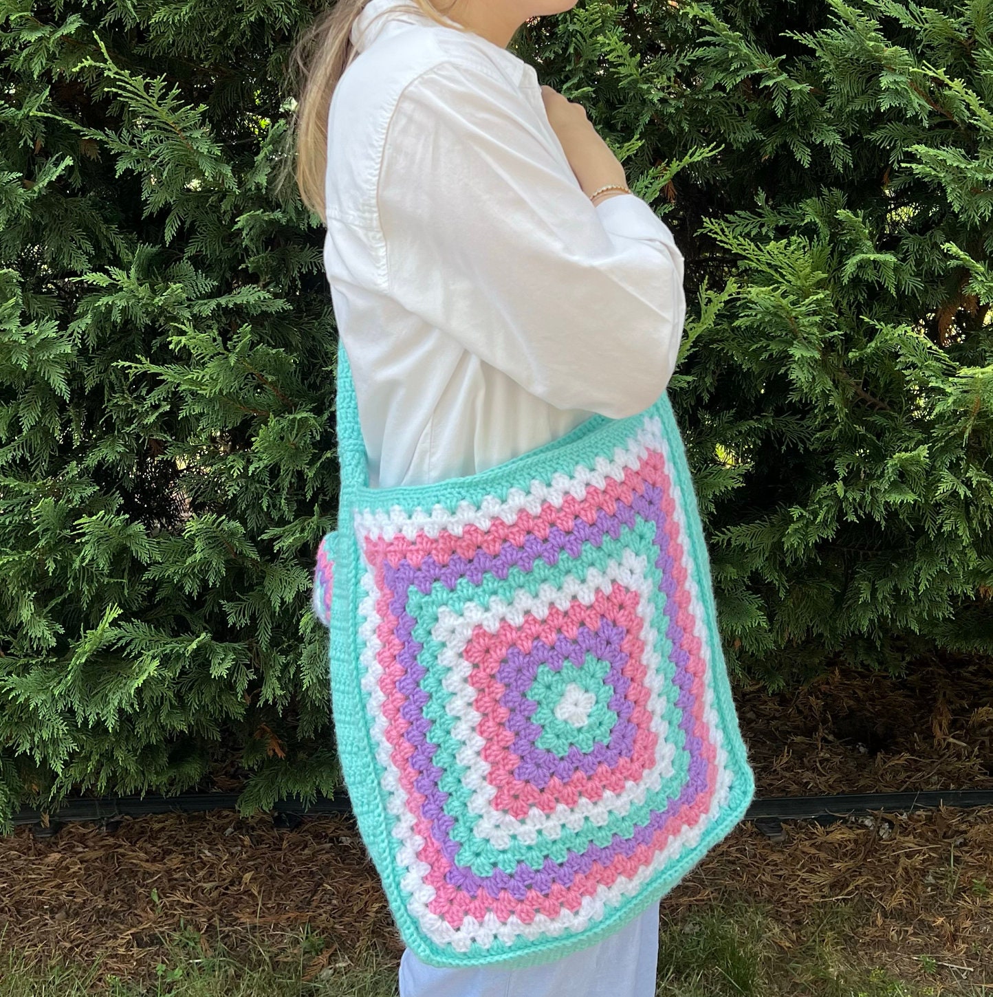 Aqua Crochet Granny Square Tote Bag- Granny Square Bag, Crossbody ...