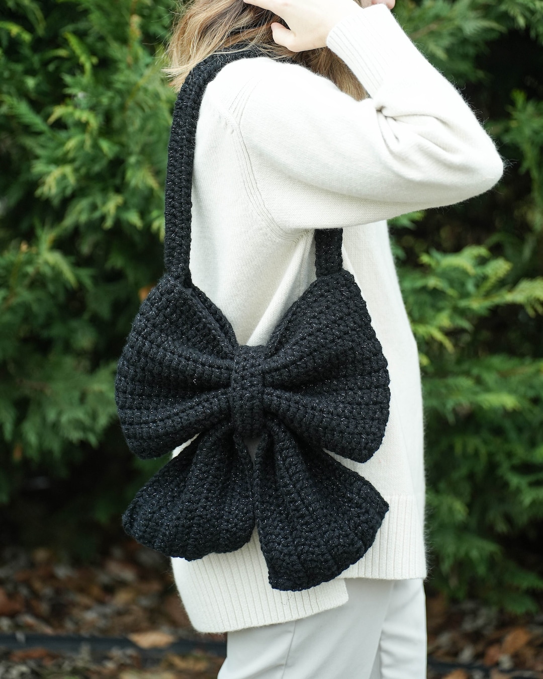 Black Crochet Bow Bag Coquette Shoulder Bag, Girl Bow Bag, Crochet ...