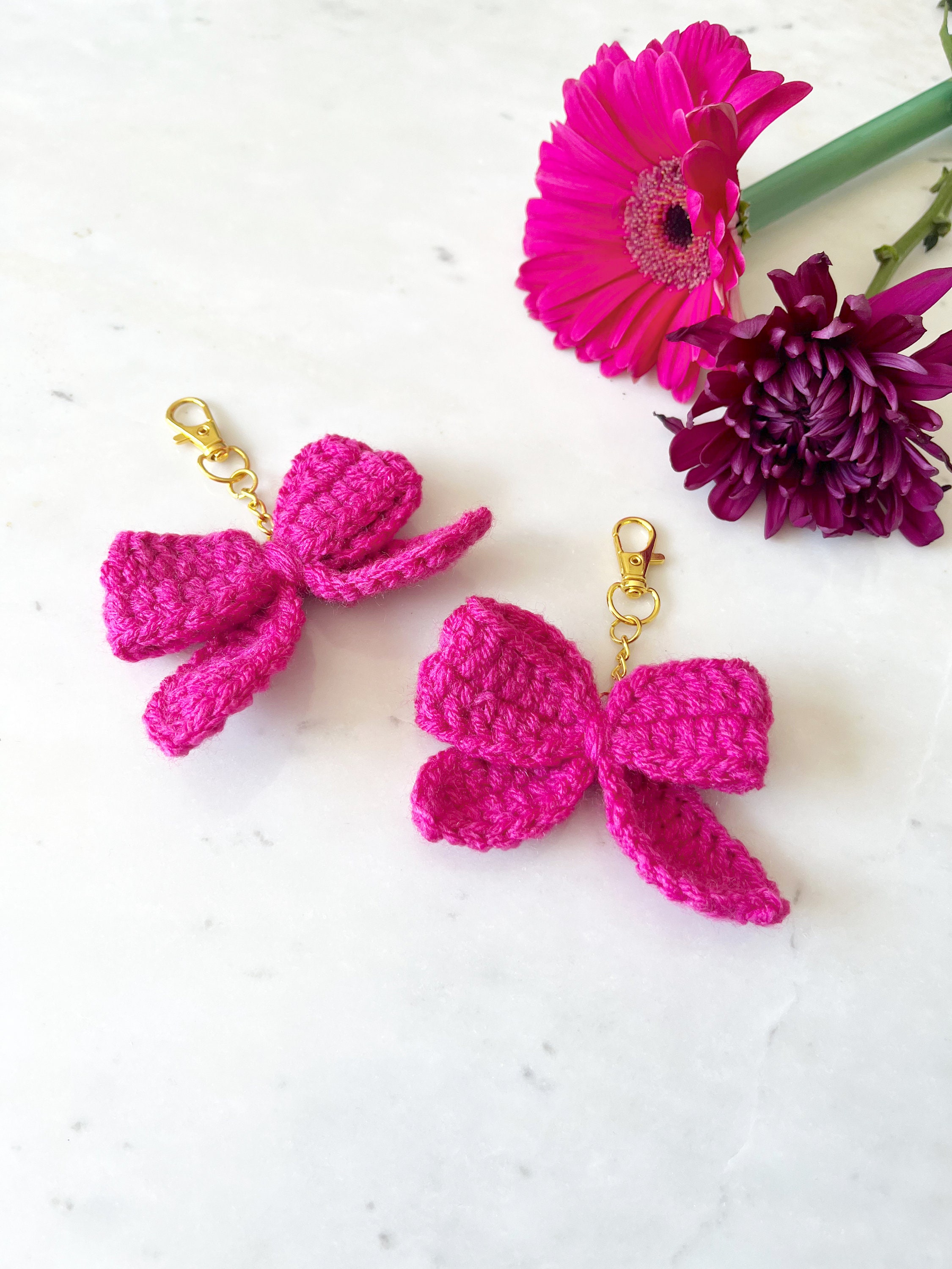 Pink Crochet Coquette Bow Keychain - Bow Keychain, Gold Keychain ...