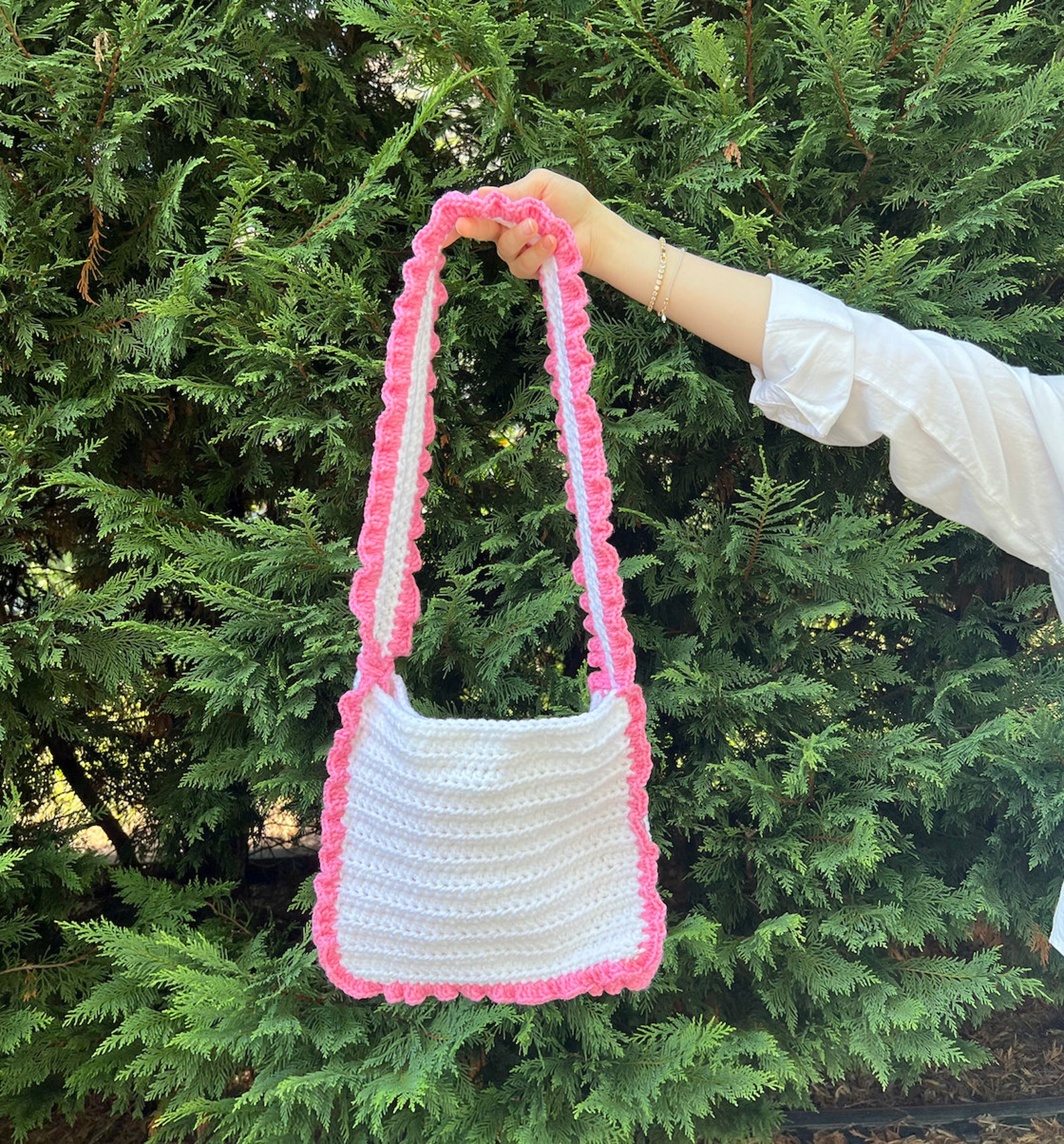 Pink Crochet Ruffle Tote Bag- Crochet Ruffle Bag, Shoulder Crochet ...