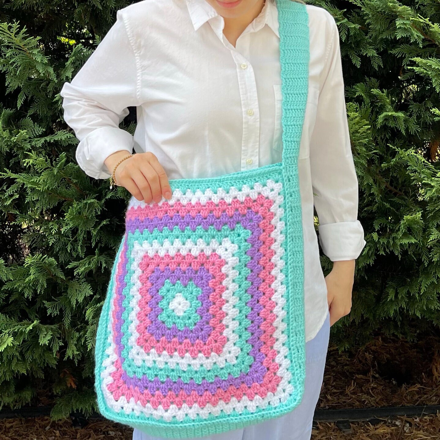 Aqua Crochet Granny Square Tote Bag- Granny Square Bag, Crossbody ...