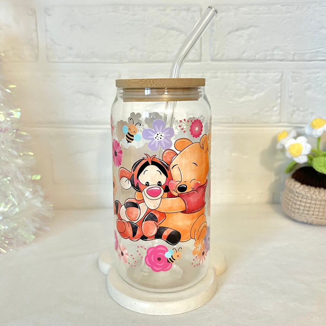 20 Oz Floral Bear Tiger Piglet Glass Cup Tumbler, Iced Coffee Glass ...