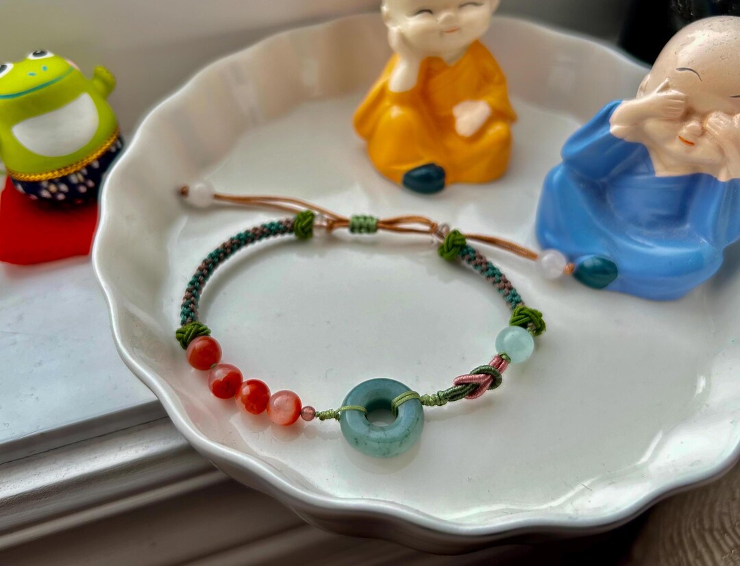 Handcrafted Jade Donuts & Agate Braided Cord Bracelet Wealth and ...