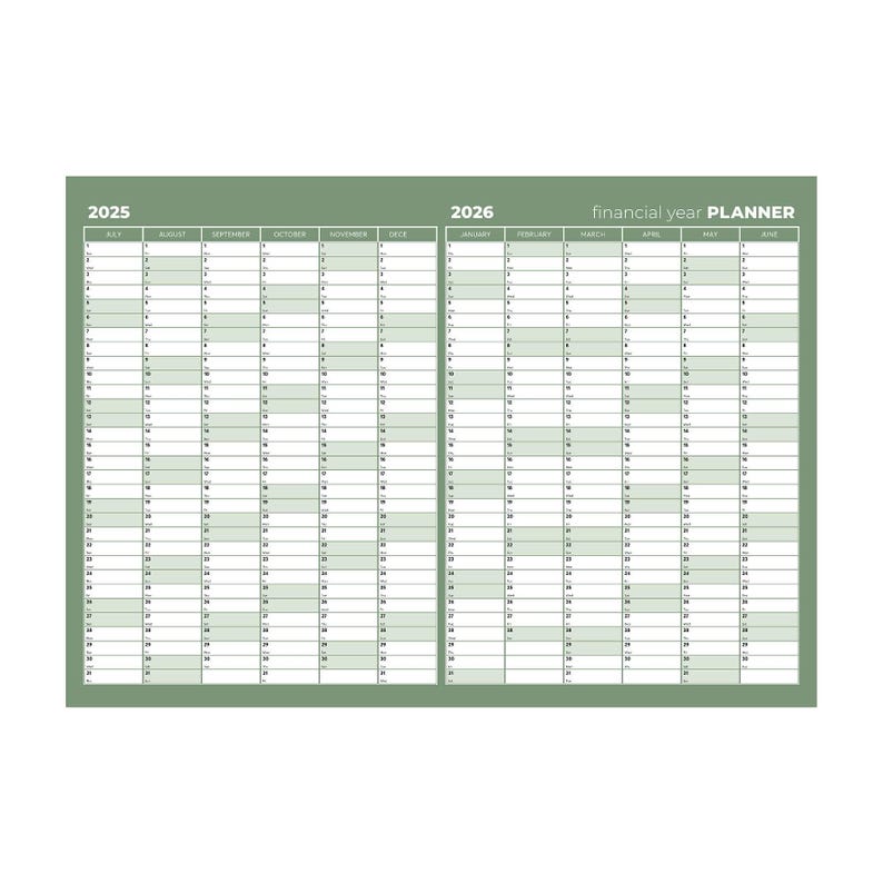 Australia Financial Year 2025/2026 Large Wall Planner. Sage Green Wall ...