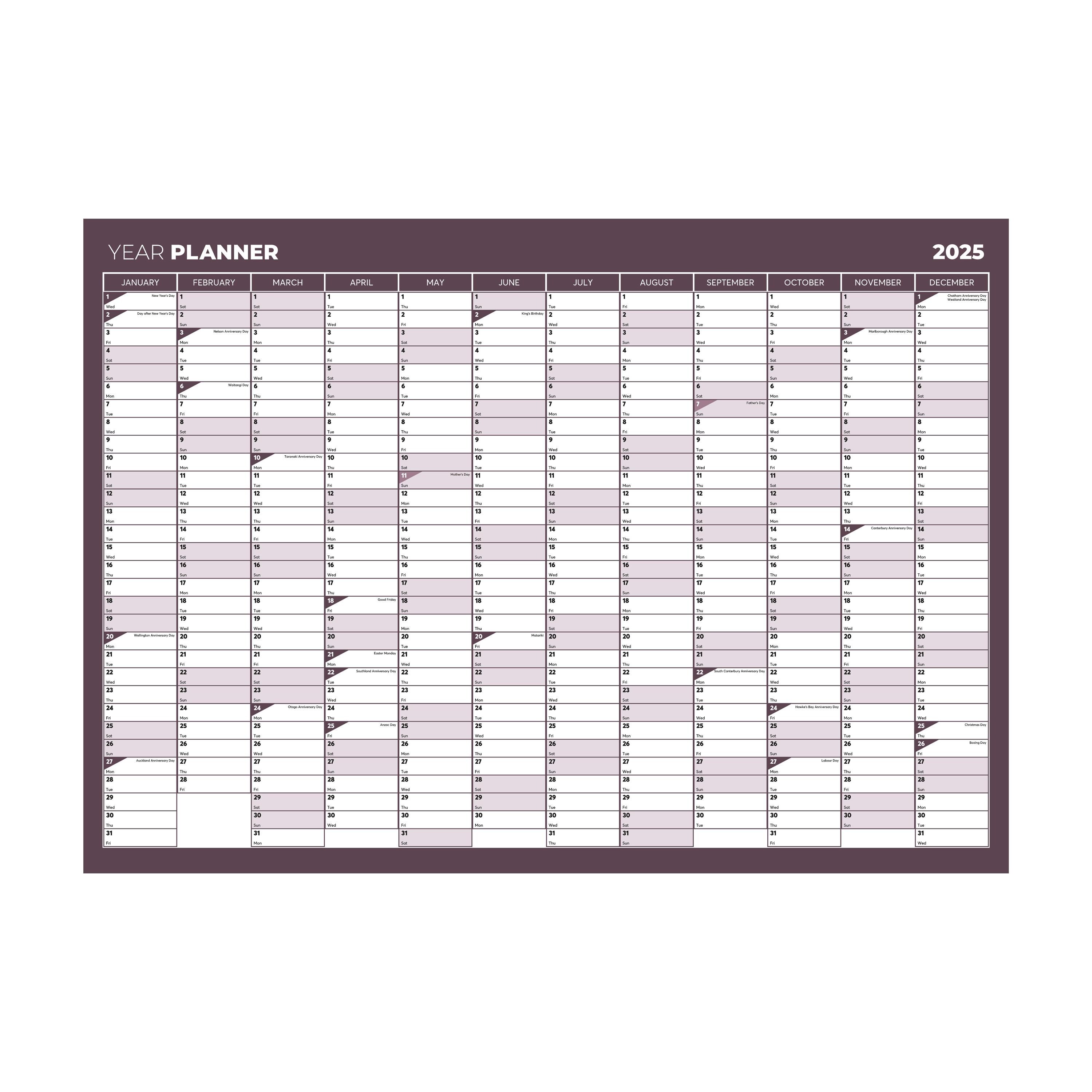 Large Printable NEW ZEALAND Wall Year Planner With NZ Public Holidays ...