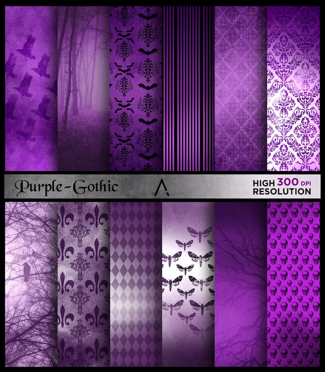 Gothic Purple Halloween Design Bundle. Set of 12 Gothic Backgrounds ...