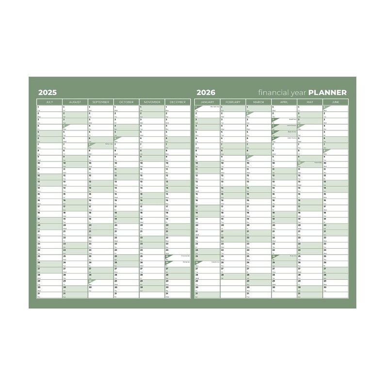 Australia Financial Year 2025/2026 Large Wall Planner. Sage Green Wall ...