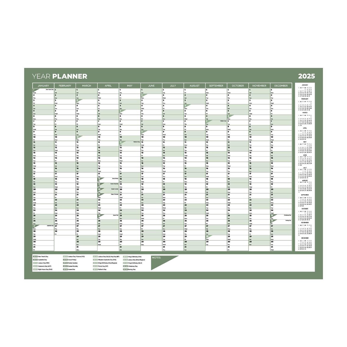 Australia 2025 Large Wall Planner. Sage Green Wall Planner 2025 ...