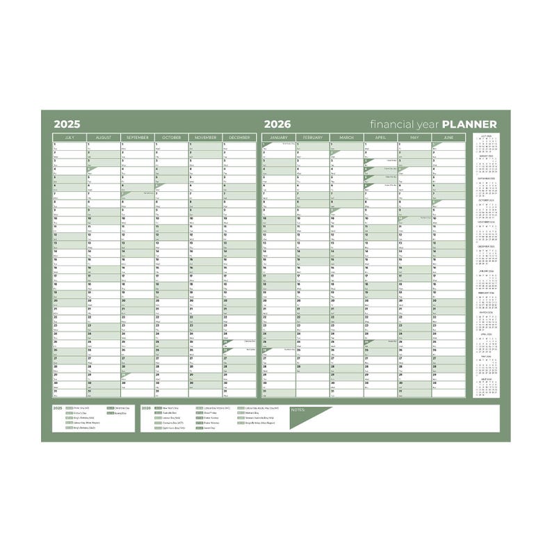 Australia Financial Year 2025/2026 Large Wall Planner. Sage Green Wall ...
