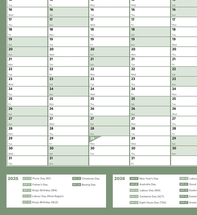 Australia Financial Year 2025/2026 Large Wall Planner. Sage Green Wall ...