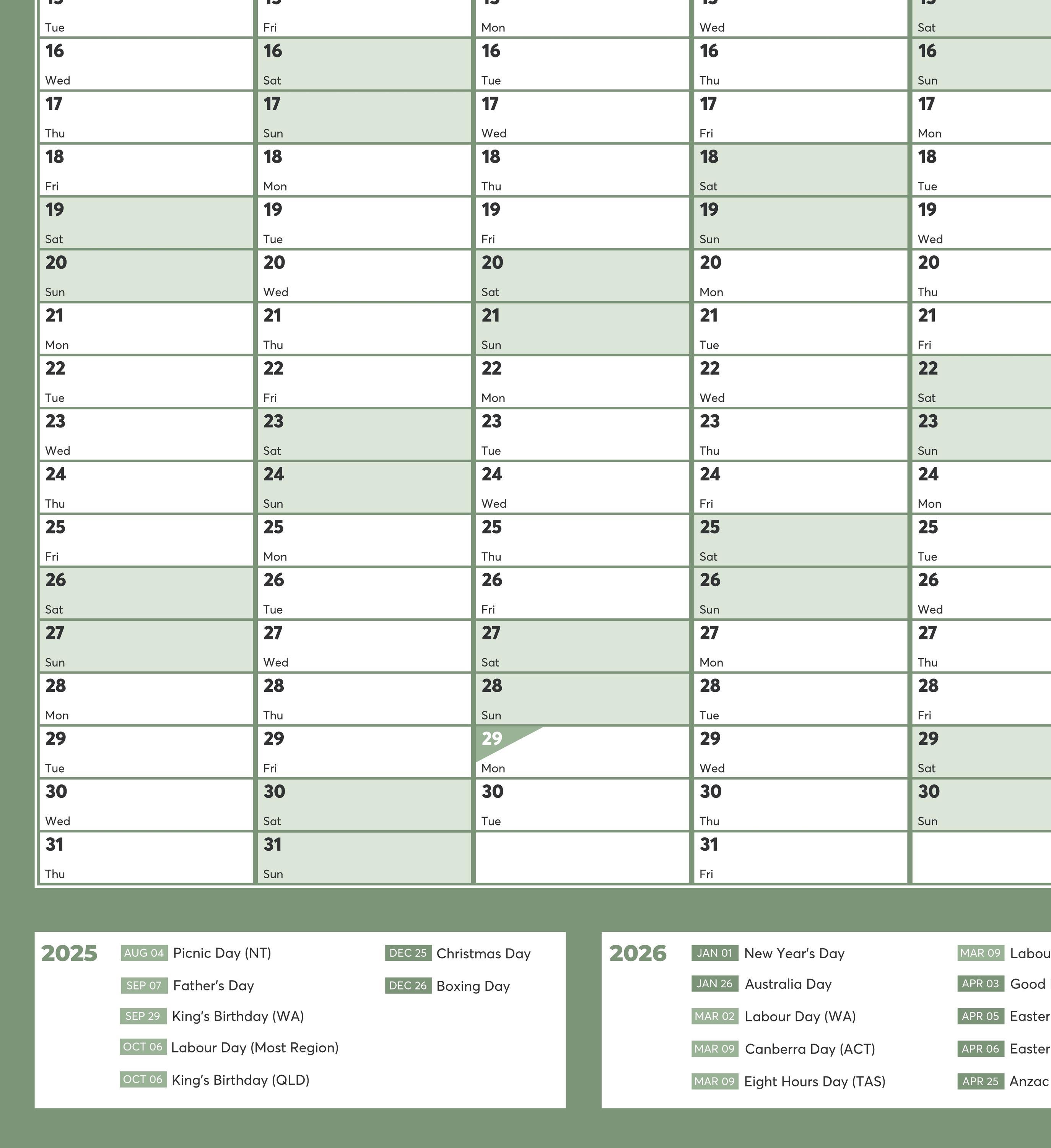 Australia Financial Year 2025/2026 Large Wall Planner. Sage Green Wall ...