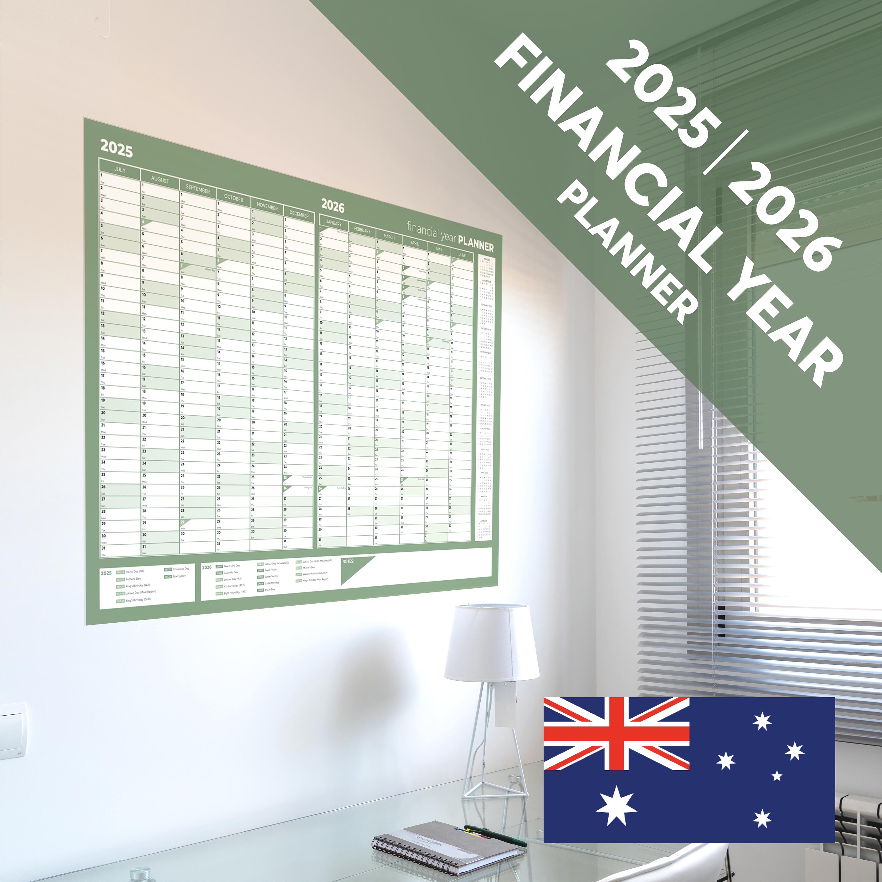 Australia Financial Year 2025/2026 Large Wall Planner. Sage Green Wall ...
