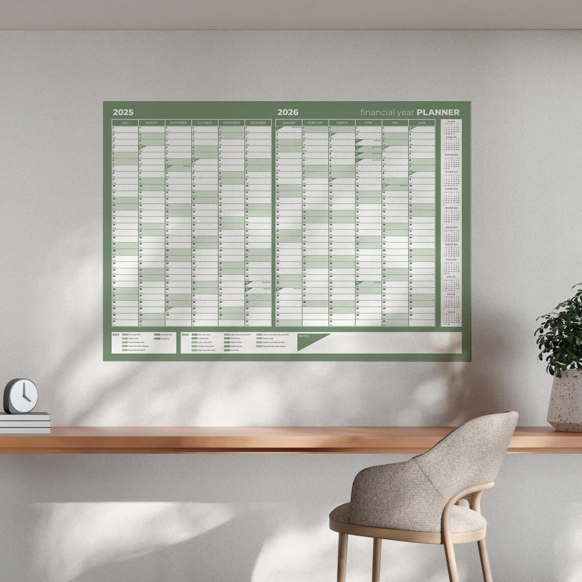 Australia Financial Year 2025/2026 Large Wall Planner. Sage Green Wall ...