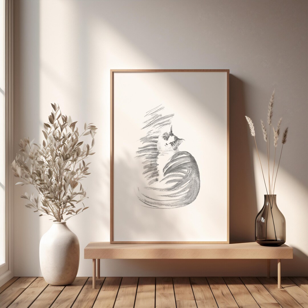 Funny Cat Wall Art. Contemporary Cat Wall Art. Charcoal and Pencil ...