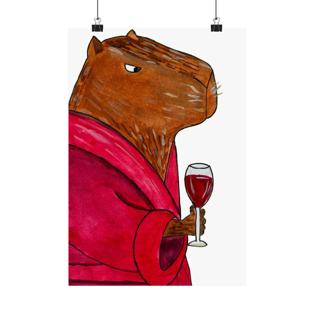 Capybara Drinking Red Wine in Robe - Print - Plain Background - Etsy