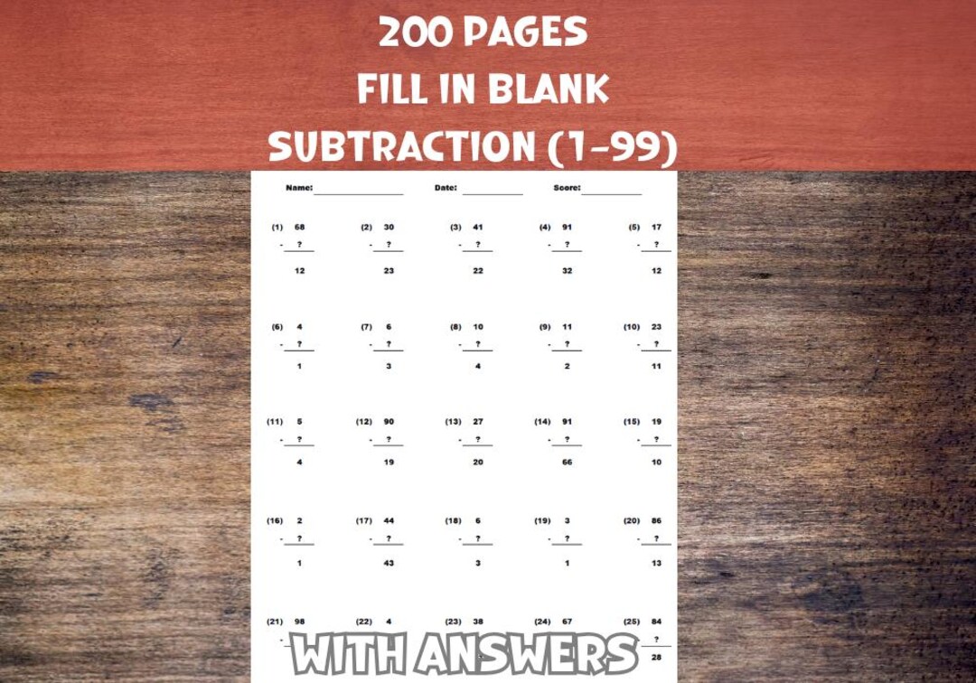 200 Pages of Printable Math Fill in Blank Subtraction Worksheets to ...