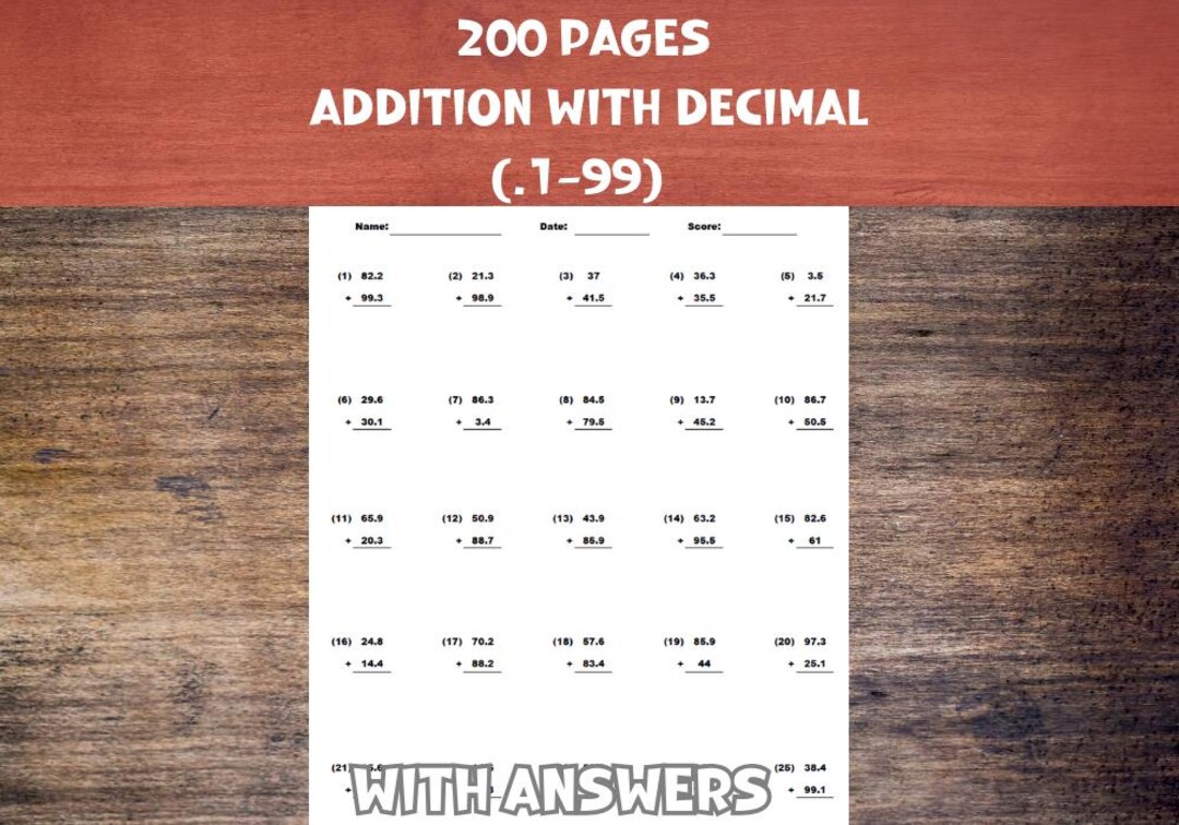 200 Pages of Printable Math: Addition With 1 Decimal Worksheets for .1 ...
