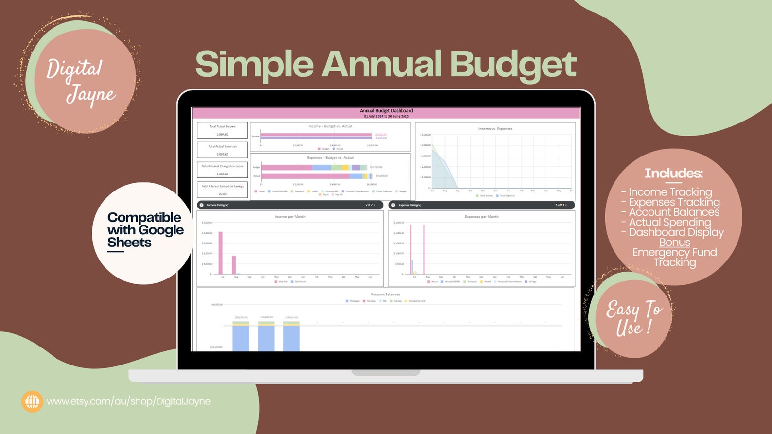 Simple Annual Budget Template | Google Sheets | Track Income, Expenses ...