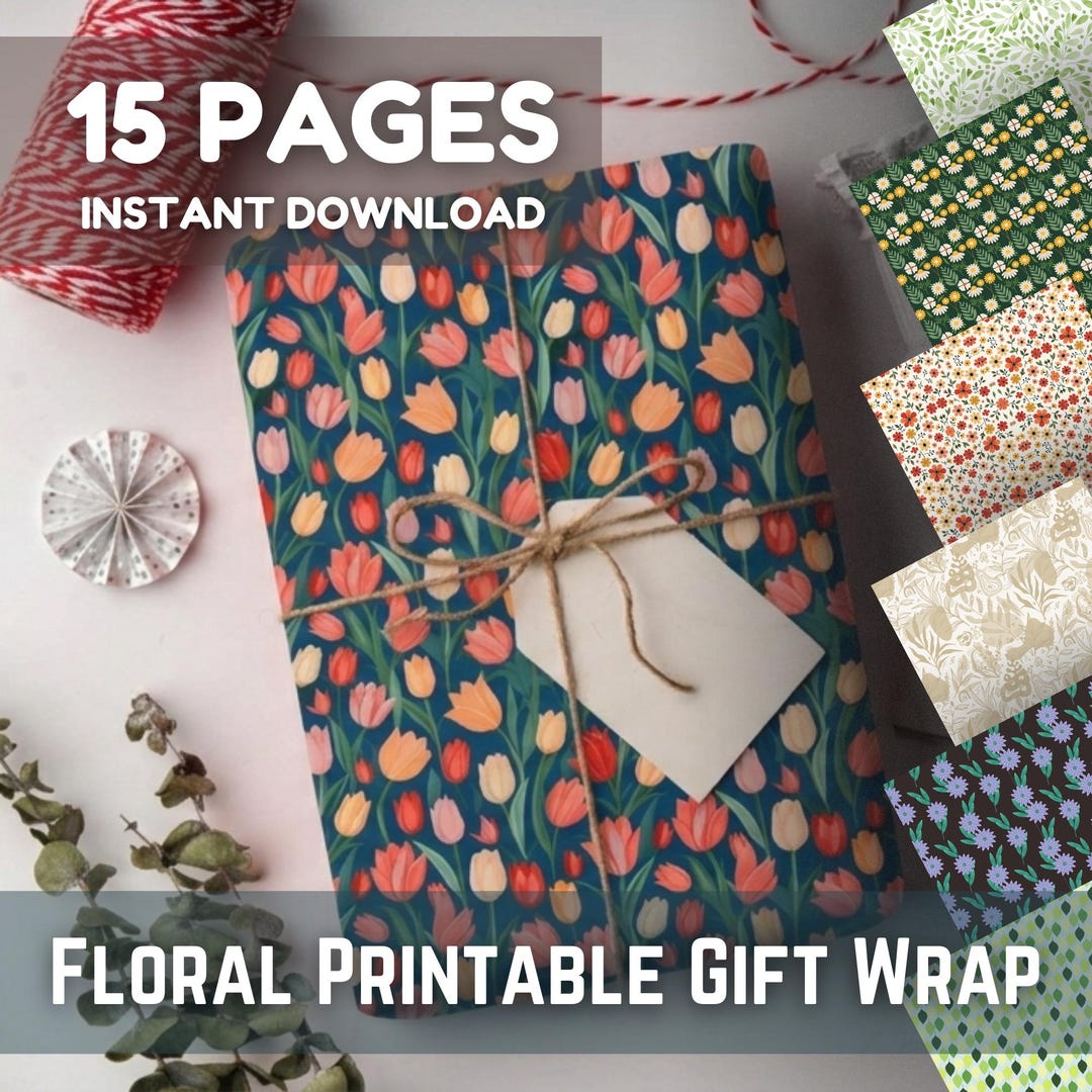 15 Pages Floral Printable Gift Wrap - PDF Wrapping Paper Digital ...