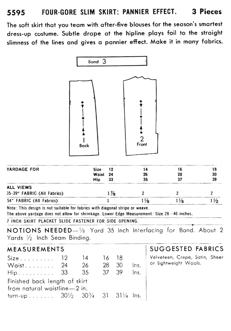 1950s Skirt Sewing Pattern PDF • Waist 26" • Pencil Skirt, Midi ...