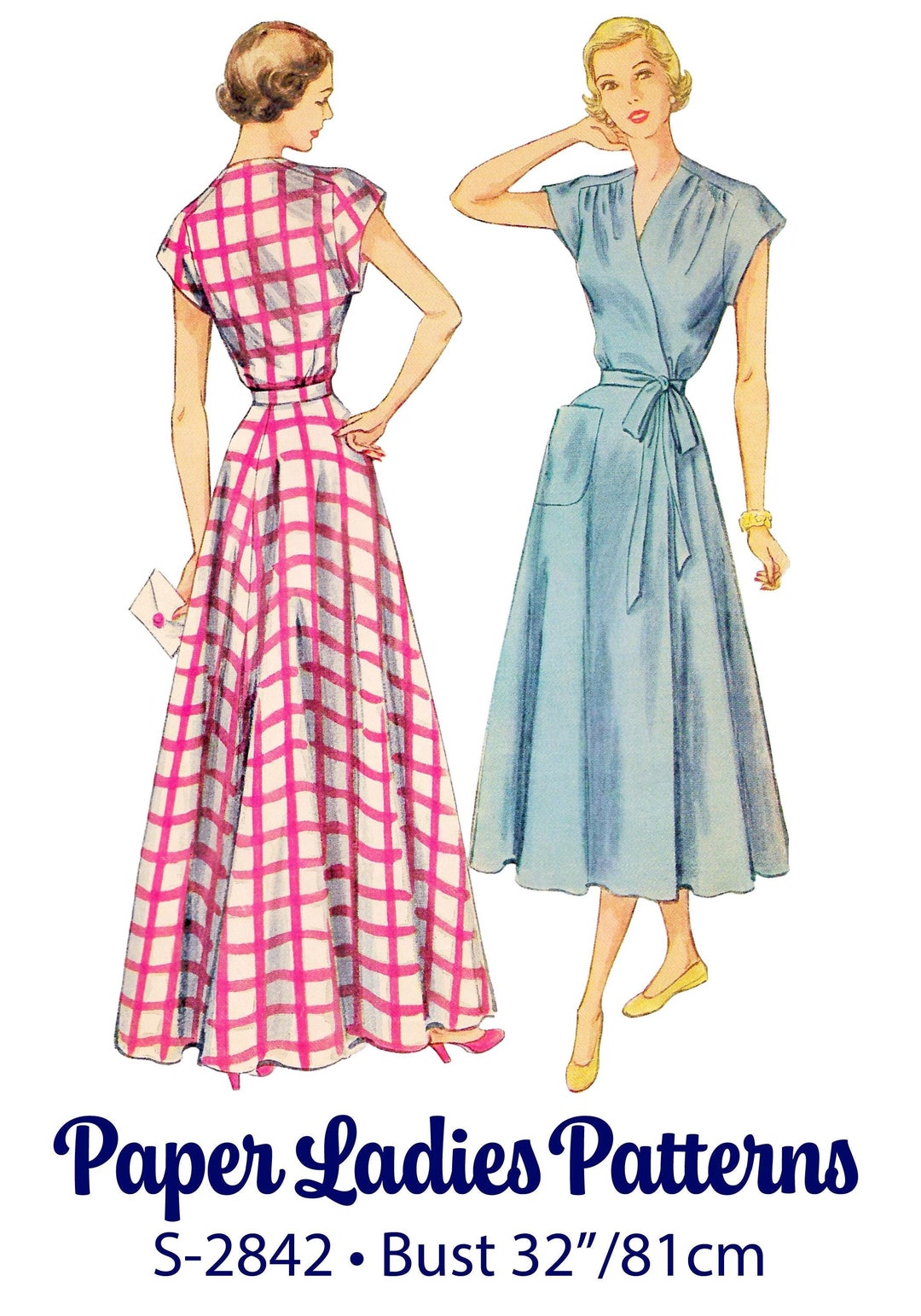 1940s Wrap Dress Sewing Pattern PDF • bust 32" • Robe, Cap Sleeve, Midi ...