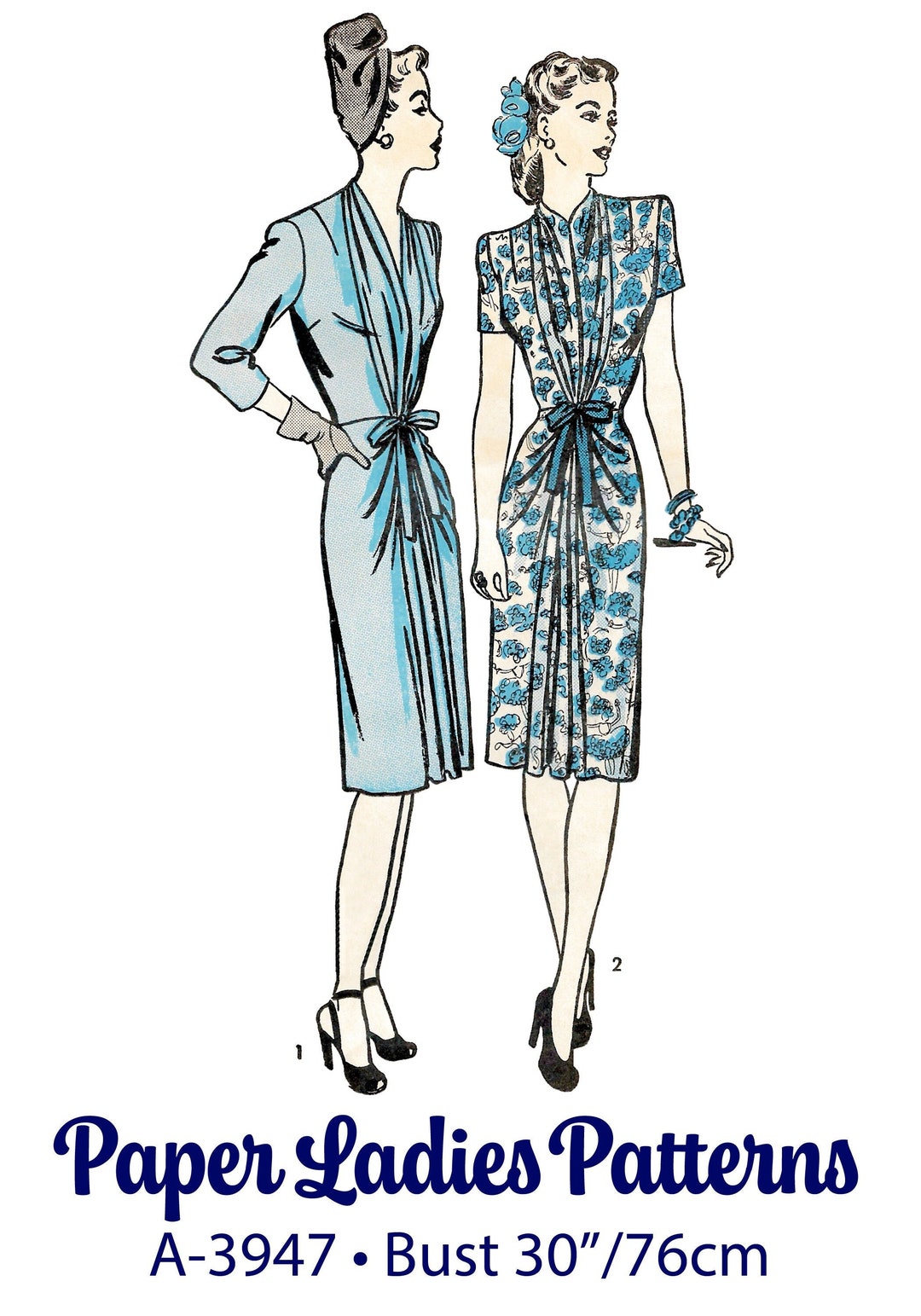 1940s Dress Sewing Pattern Pdf • bust 30" • wrap Dress, Draped, Midi ...