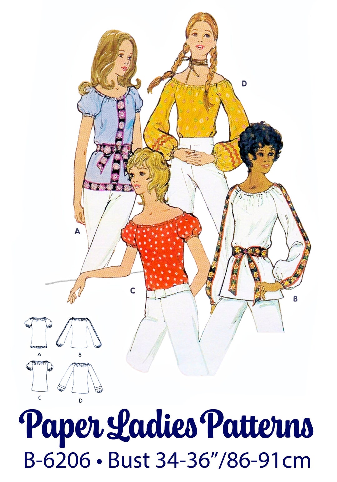 1970s Peasant Blouse Sewing Pattern PDF • bust 34-36" • Puff Sleeve ...
