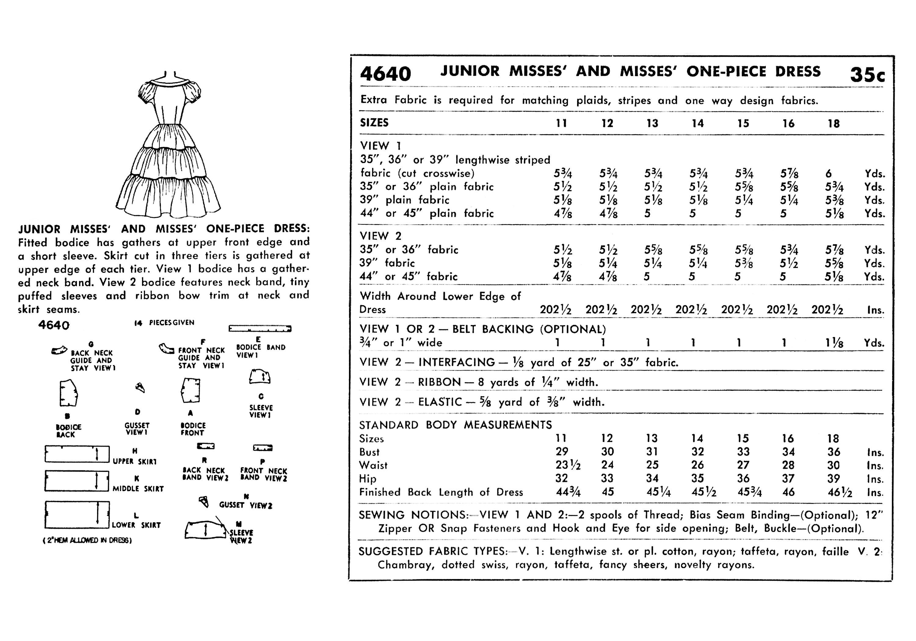 1950s Dress Sewing Pattern PDF • Bust 34" • puff Sleeve, Tiered Skirt ...