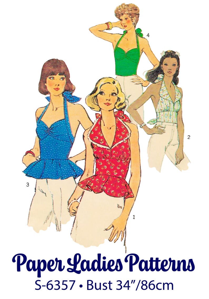 Vintage Sewing Pattern PDF 1970s 70s • Halter Top Sweetheart Neckline ...