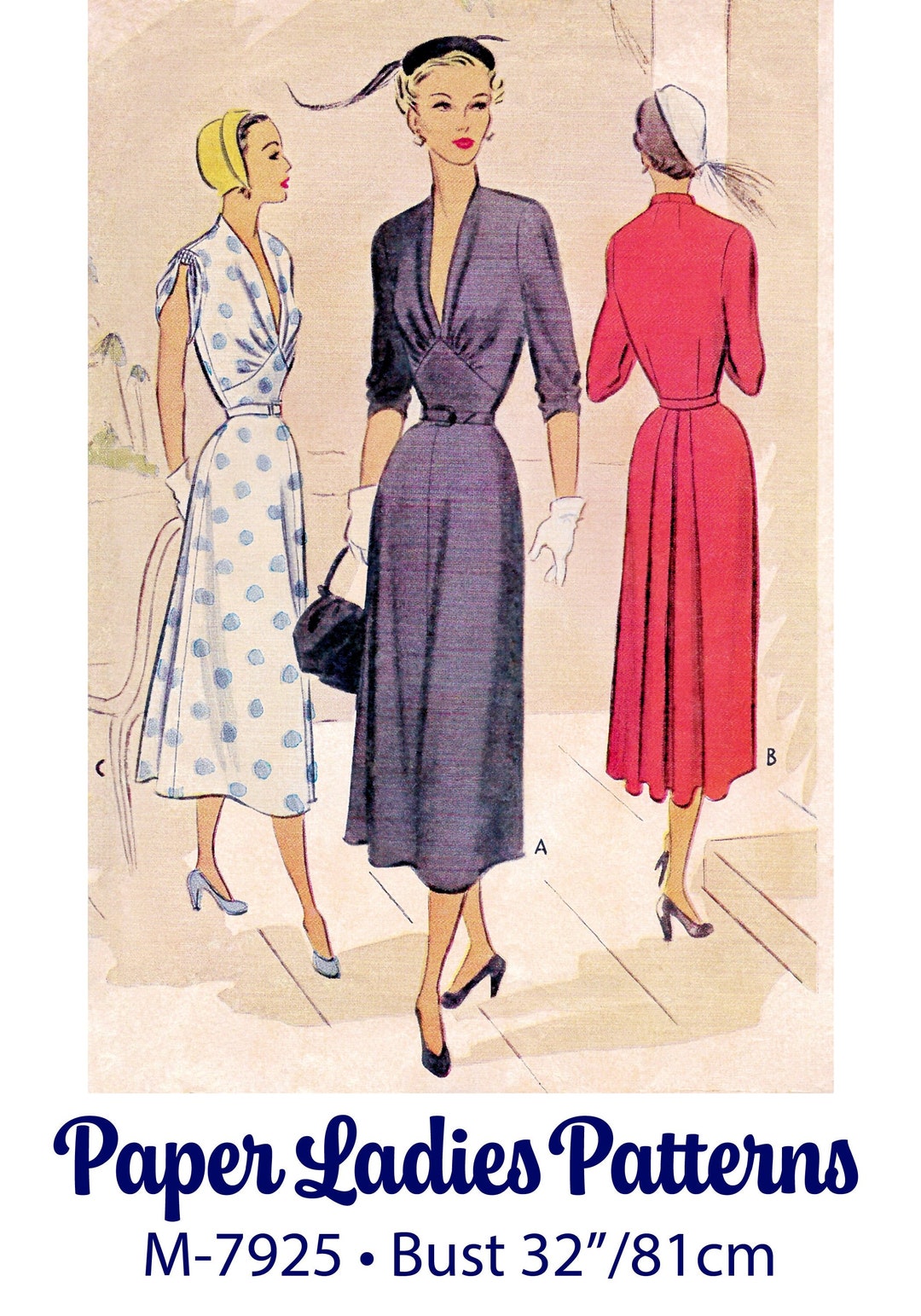 1940s Sewing Pattern PDF Vintage 40s Dress Pattern • V-neck Dress Midi Length Dress Cocktail ...