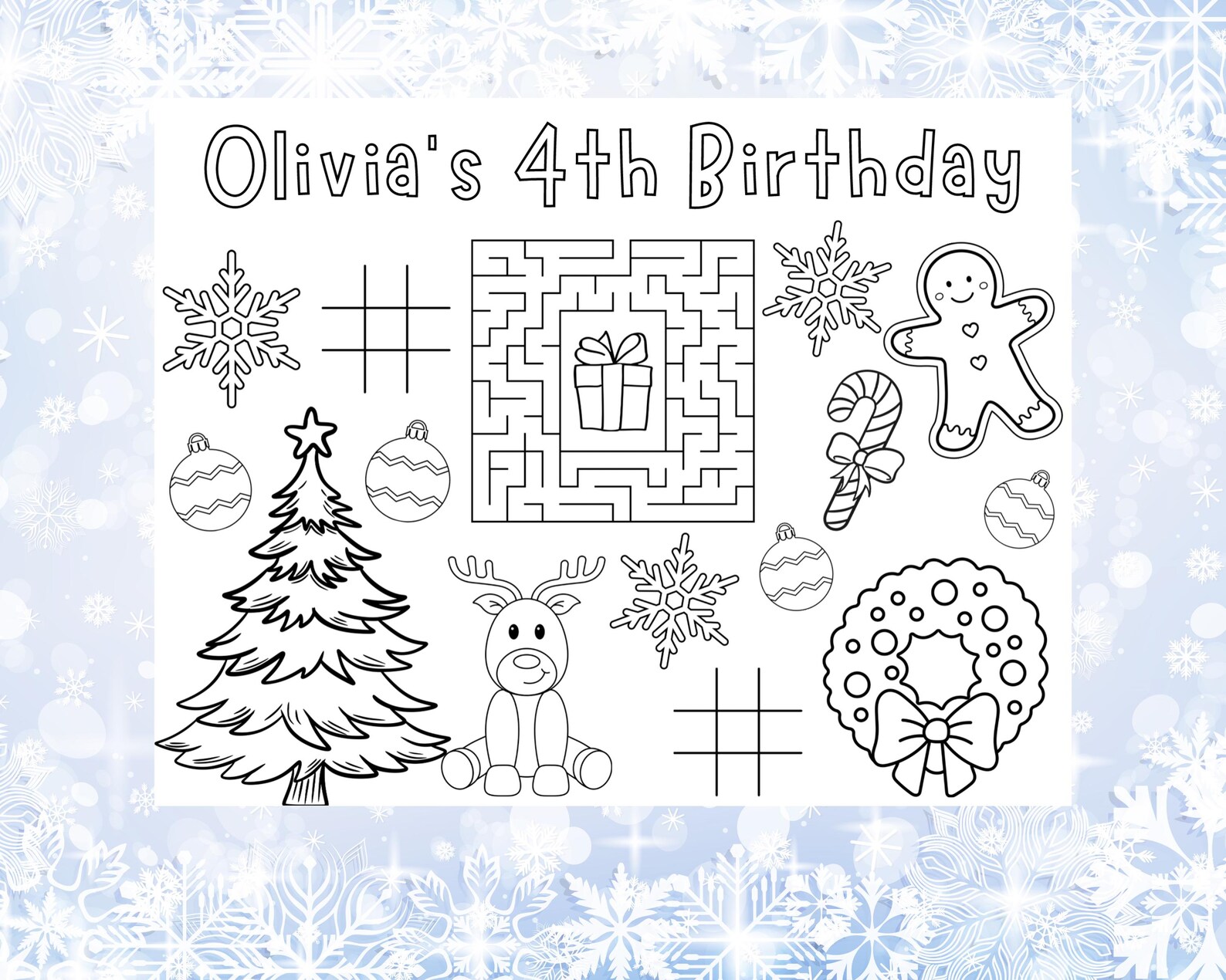 Christmas Birthday Coloring Page: Winter Kids Activity (printable ...