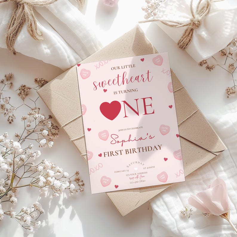 Our Little Sweetheart is Turning ONE Birthday Party Invitation ...