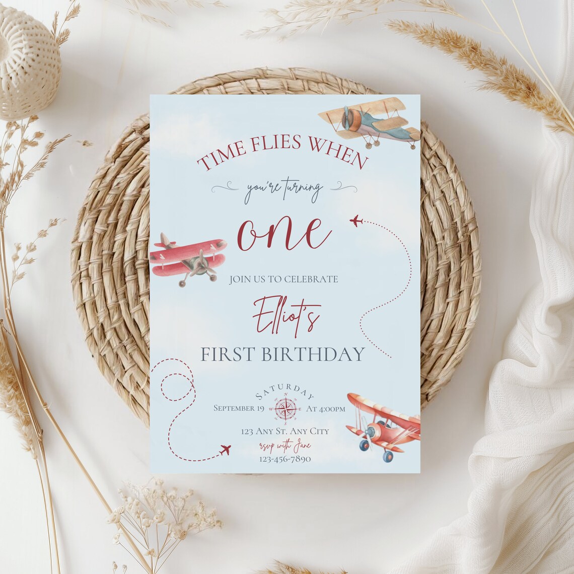 Time Flies When You’re Turning ONE Birthday Party Invitation,airplane ...