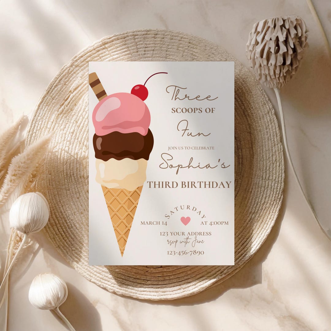 Three Scoops of Fun Birthday Party Invitation,ice Cream Birthday ...