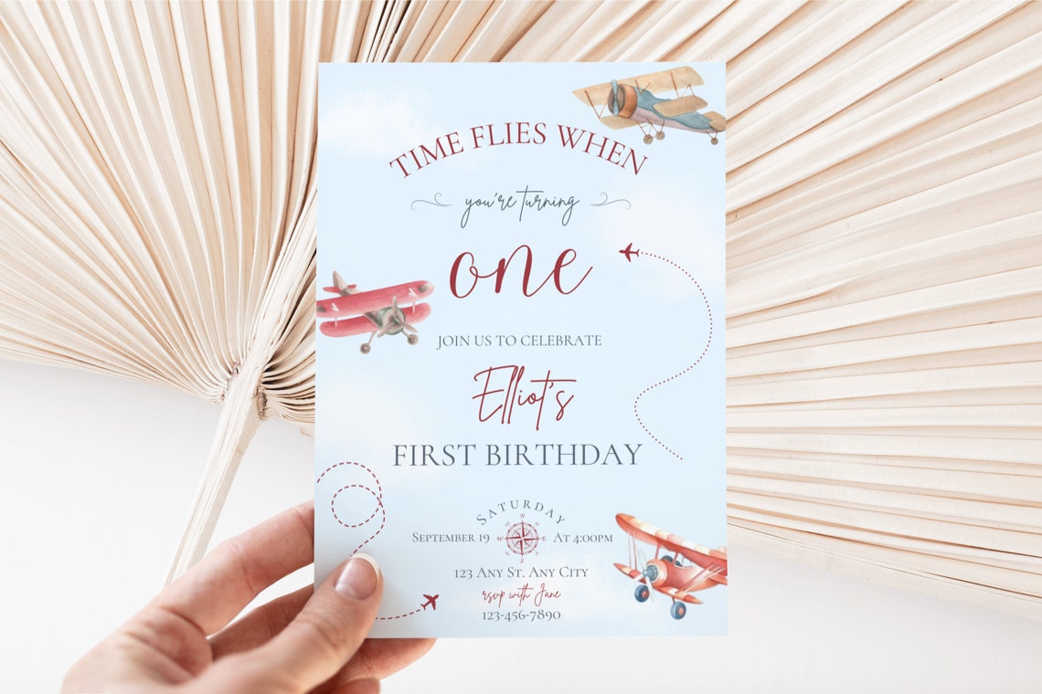 Time Flies When You’re Turning ONE Birthday Party Invitation,airplane ...